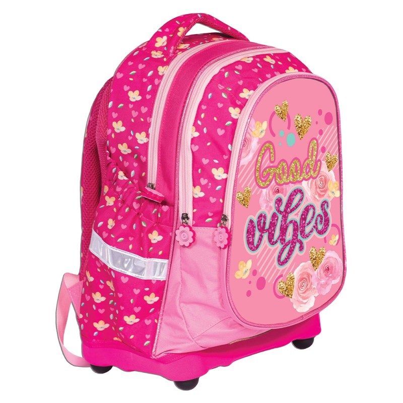 Ghiozdan roz cu imprimeu floral, fetite, clasele primare, inchidere cu ...