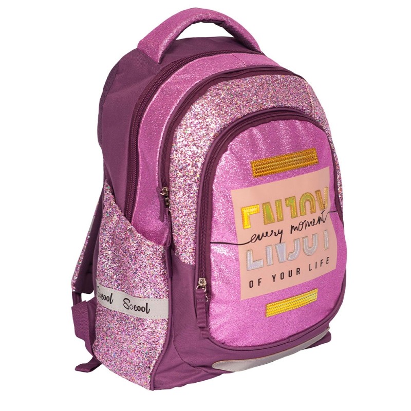 Ghiozdan fetite clasele primare, compartimente cu fermoar, roz cu sclipici
