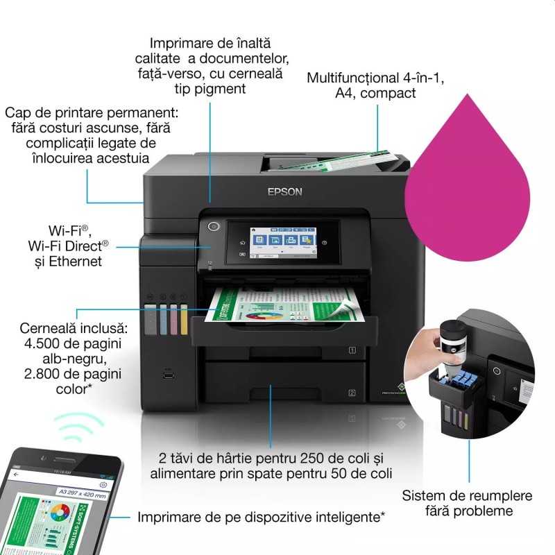 Multifunctionala EcoTank Epson L6570, display LCD, USB, Wi-Fi Direct